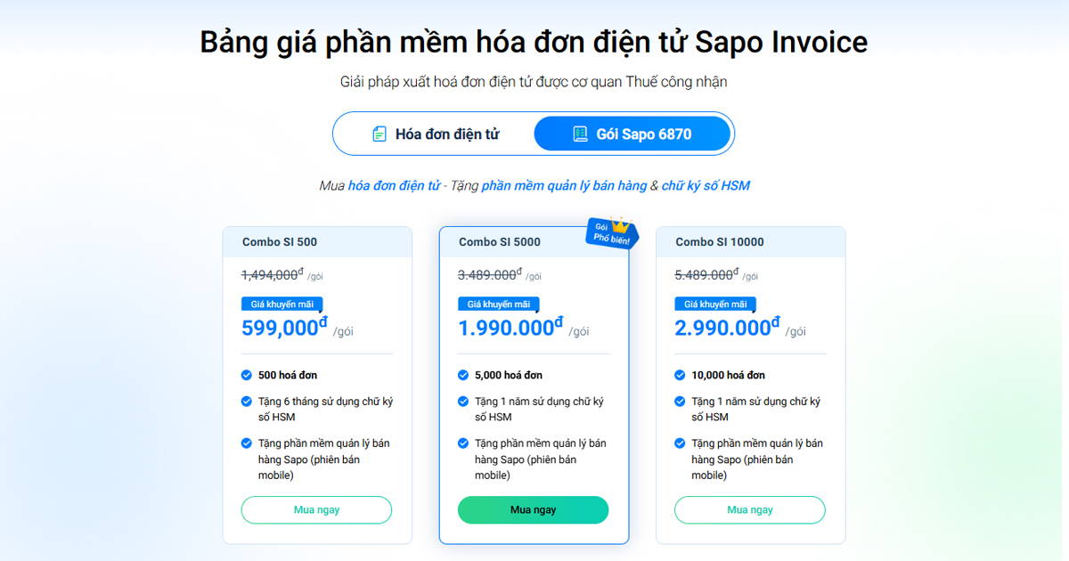 Bảng giá phần mềm hóa đơn điện tử Sapo Invoice